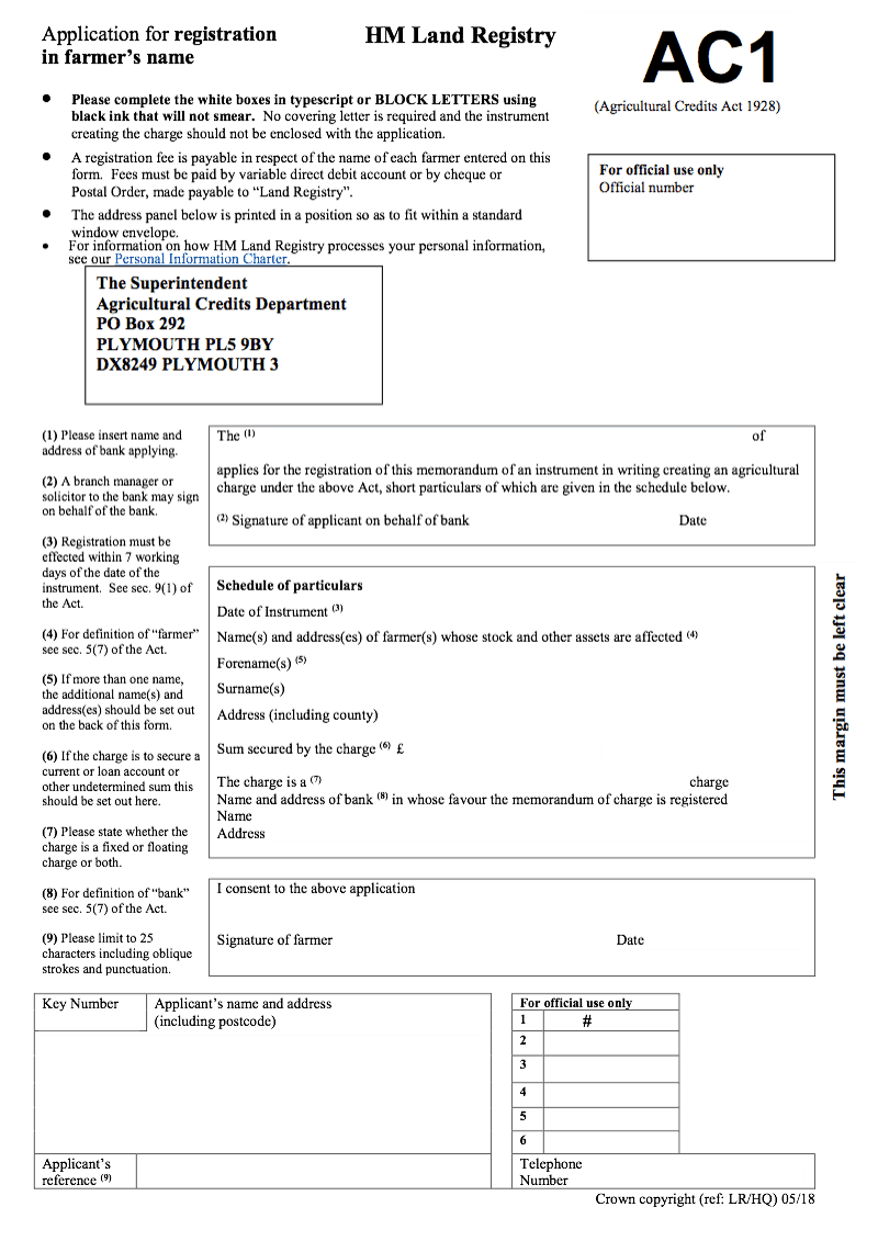 AC1 Application for registration in farmer's name (Agricultural Credits ...