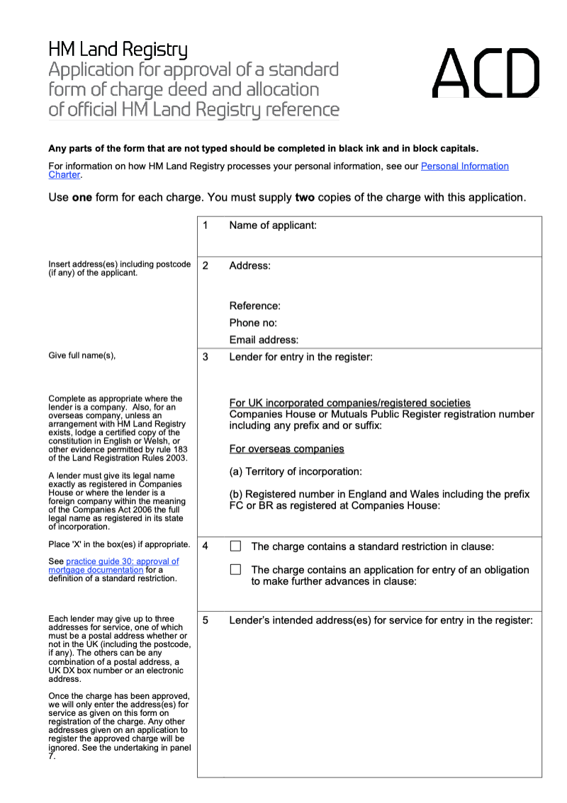 ACD Application for approval of a standard form of charge deed and ...