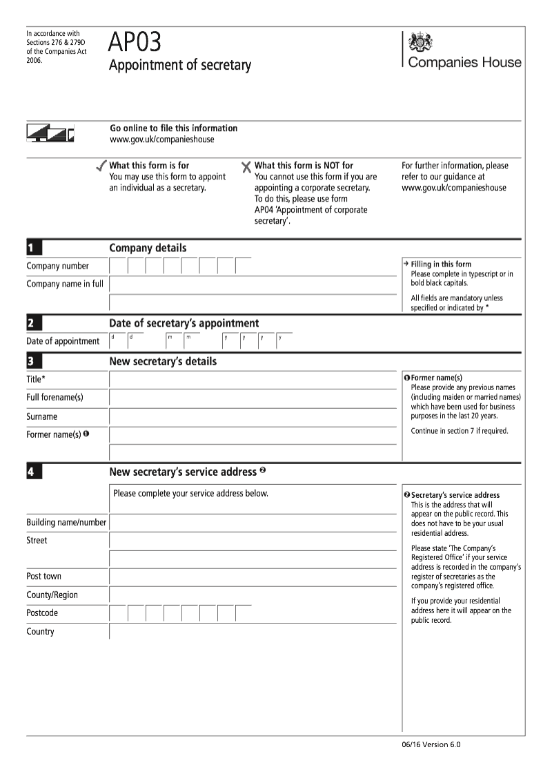 AP03 Appointment of secretary (Section 276 and 279D)