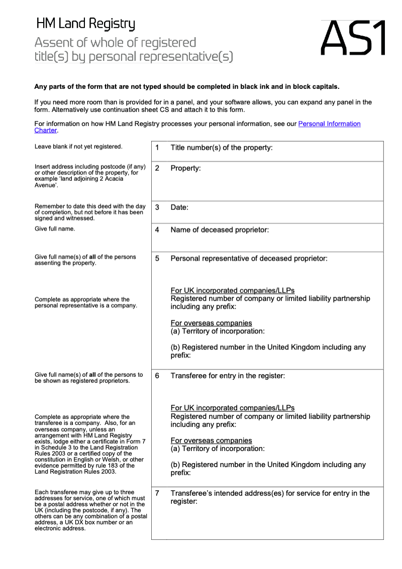AS1 Assent of whole of registered title(s) by personal representative(s)