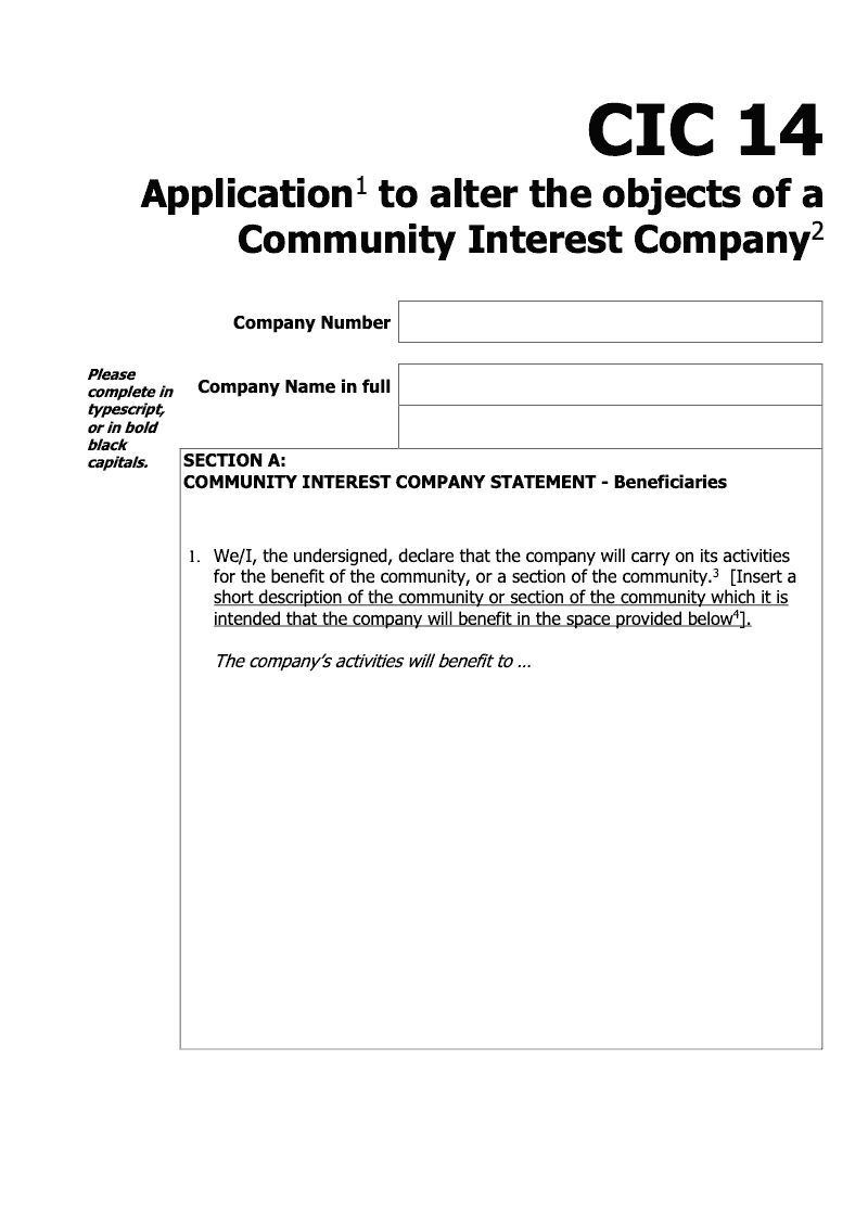 CIC14 Application to alter the objects of a Community Interest Company