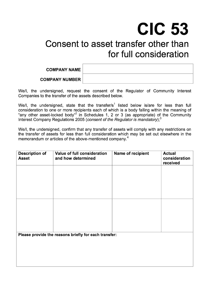 CIC53 Consent to asset transfer other than for full consideration