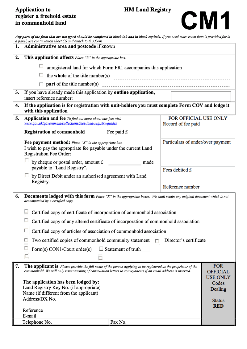 CM1 Application to register a freehold estate in commonhold land