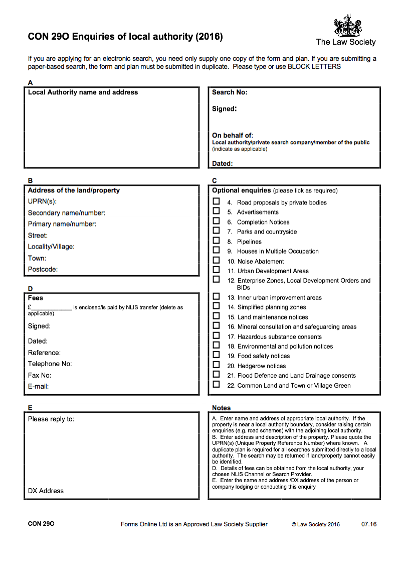 CON29O Optional enquiries of local authority (2016)