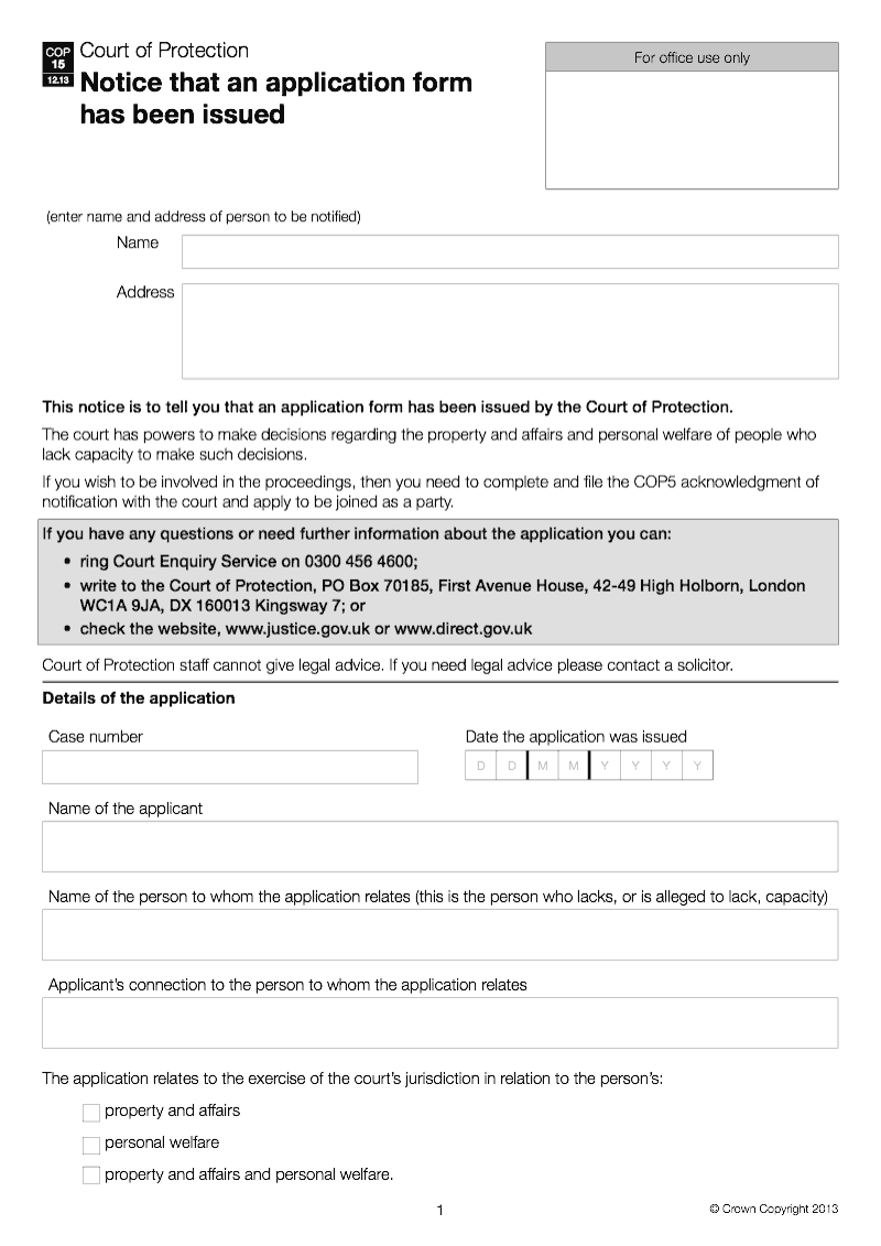 COP15 Notice that an application form has been issued