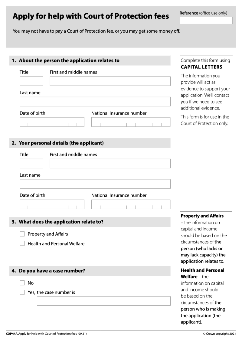 COP44A Apply for help with Court of Protection fees