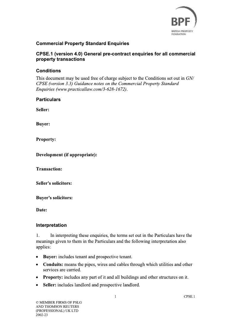 CPSE1 General Pre-Contract Enquiries for All Property Transactions