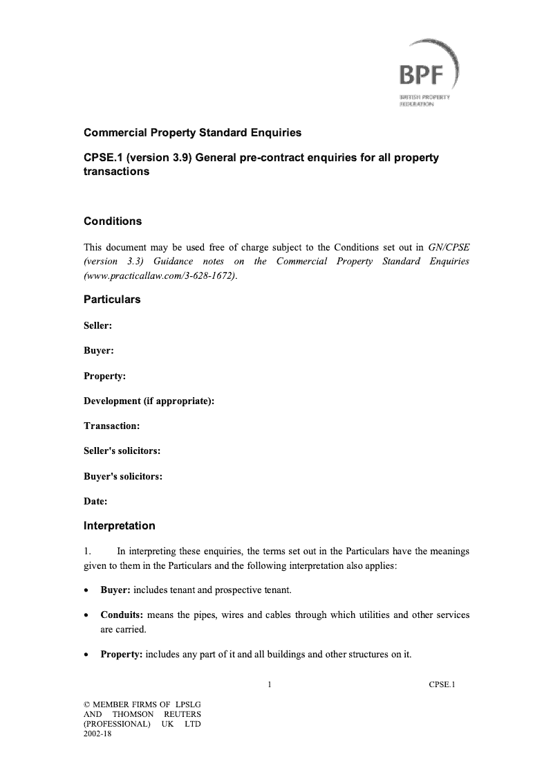 CPSE1 General Pre-Contract Enquiries for All Property Transactions
