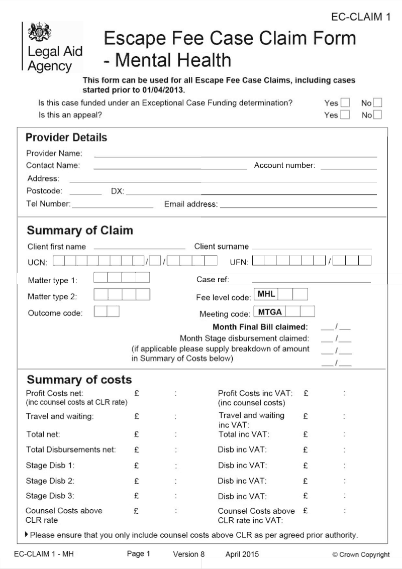 EC-CLAIM1 MH Escape Fee Case Claim form - Mental Health