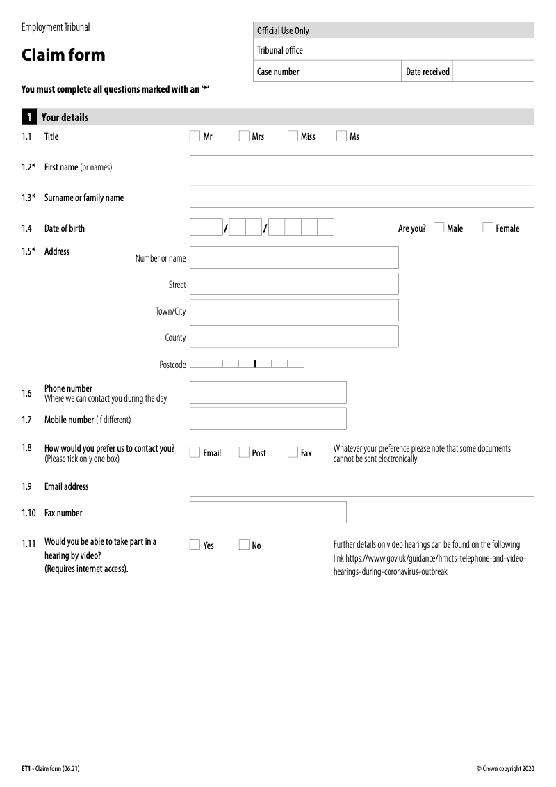 ET1 Claim form (Employment Tribunal) (Fees and Remissions)