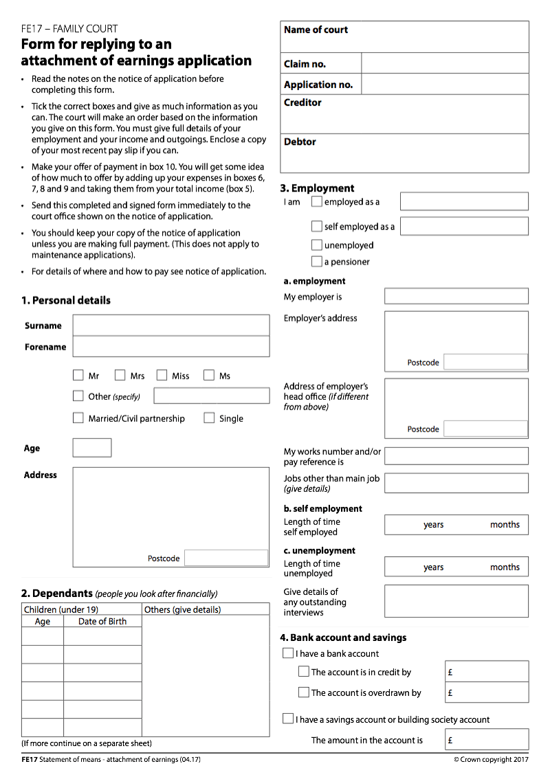 FE17 Form for replying to an attachment of earnings application (Family ...