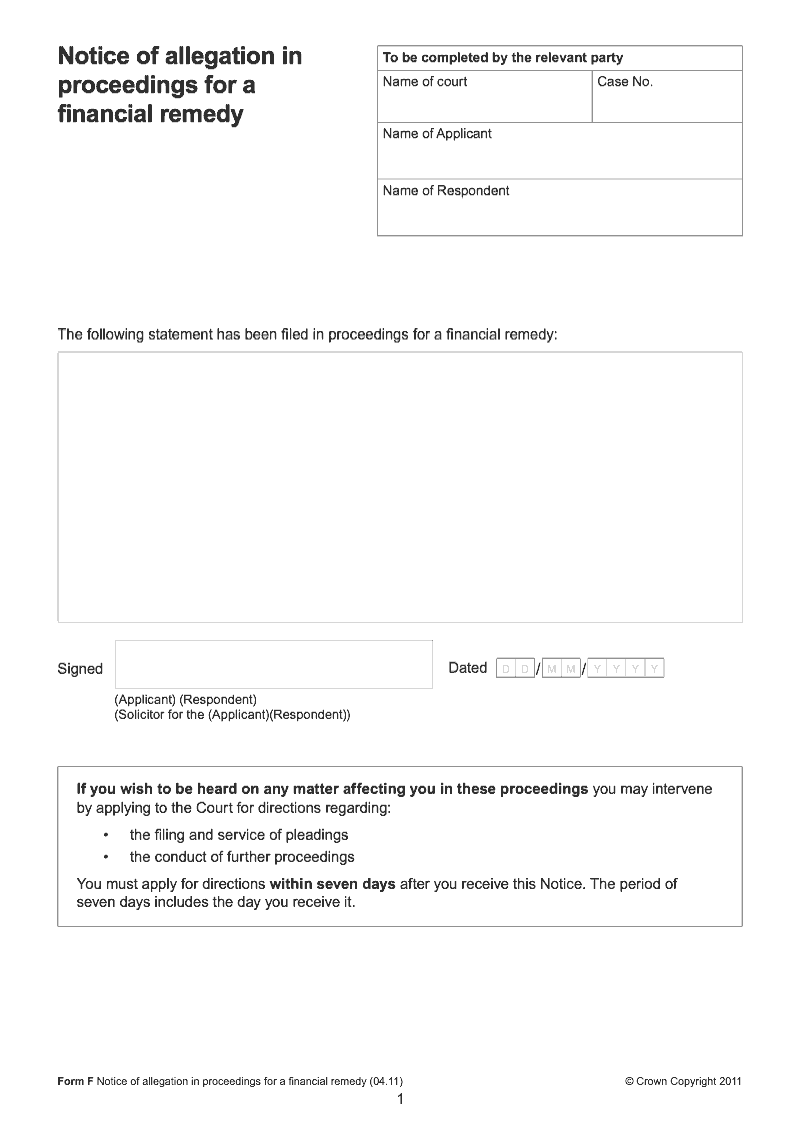 Form F Notice of allegation in proceedings for a financial remedy