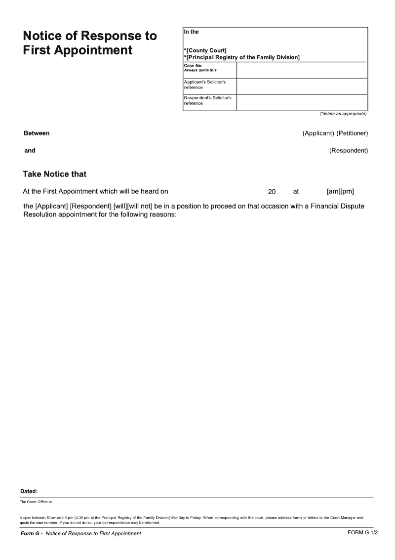 Form G Notice of Response to First Appointment