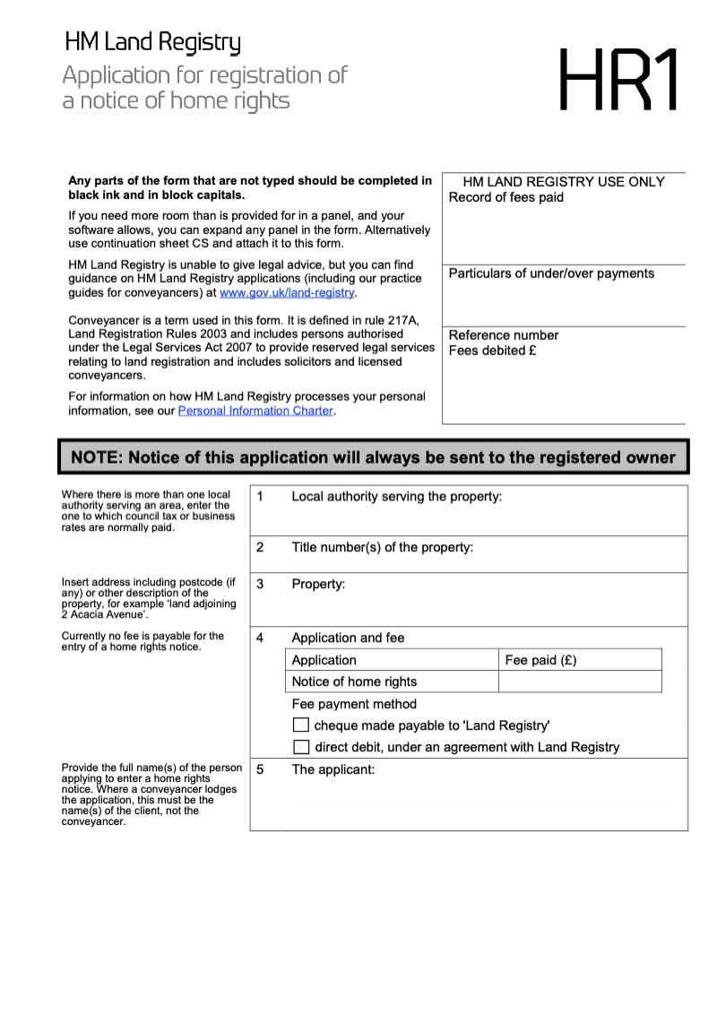 HR1X Application for registration of a notice of home rights - Word Version