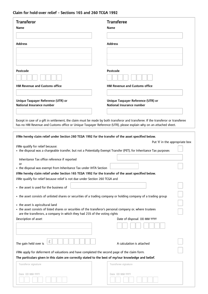 HS295 Claim for hold-over relief - Sections 165 and 260 TCGA 1992