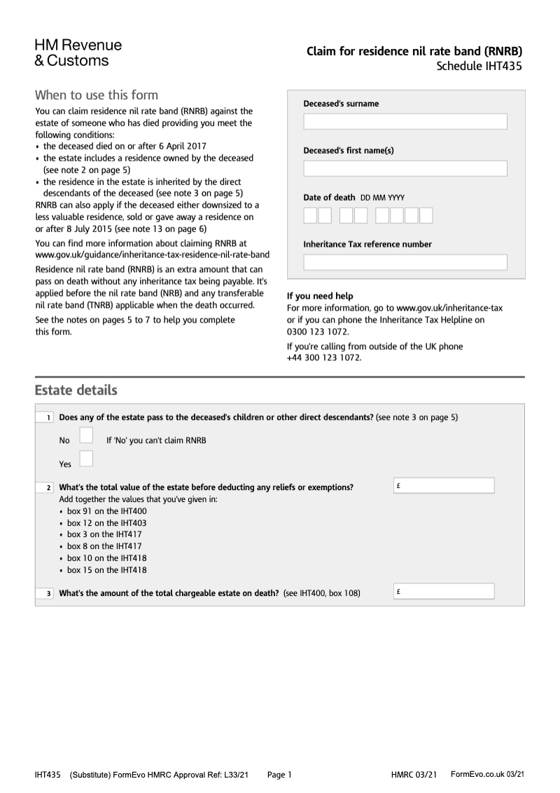 IHT435 Claim for residence nil rate band (RNRB) (Schedule IHT435)