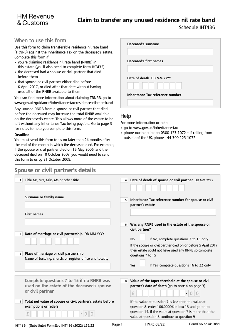 IHT436 Claim to transfer any unused residence nil rate band (RNRB) (Schedule IHT436)