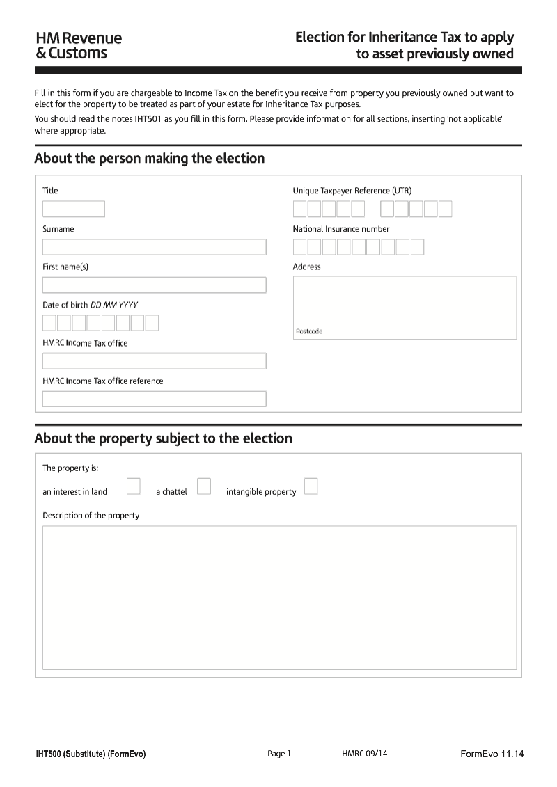 IHT500 Election for Inheritance Tax to apply to asset previously owned