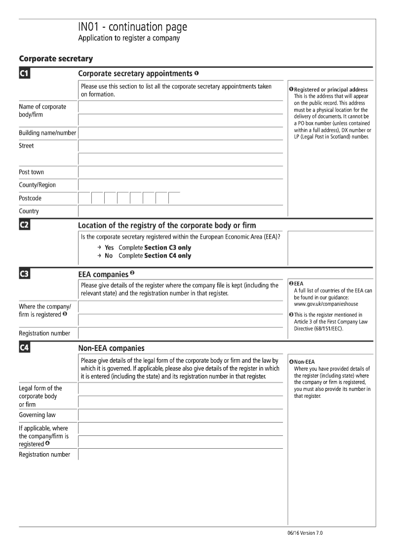 IN01 Continuation Page 2 Section C - Corporate secretary appointments ...