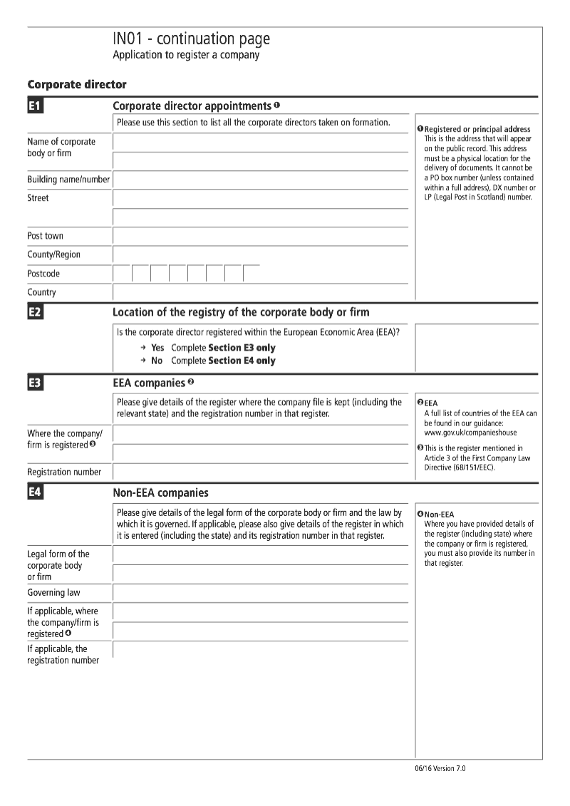 IN01 Continuation Page 4 Section E - Corporate director appointments ...
