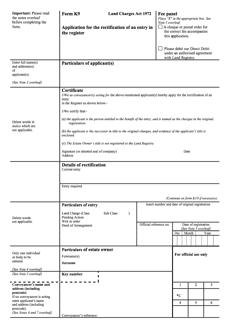 K9 Application for the rectification of an entry in the register (Land ...