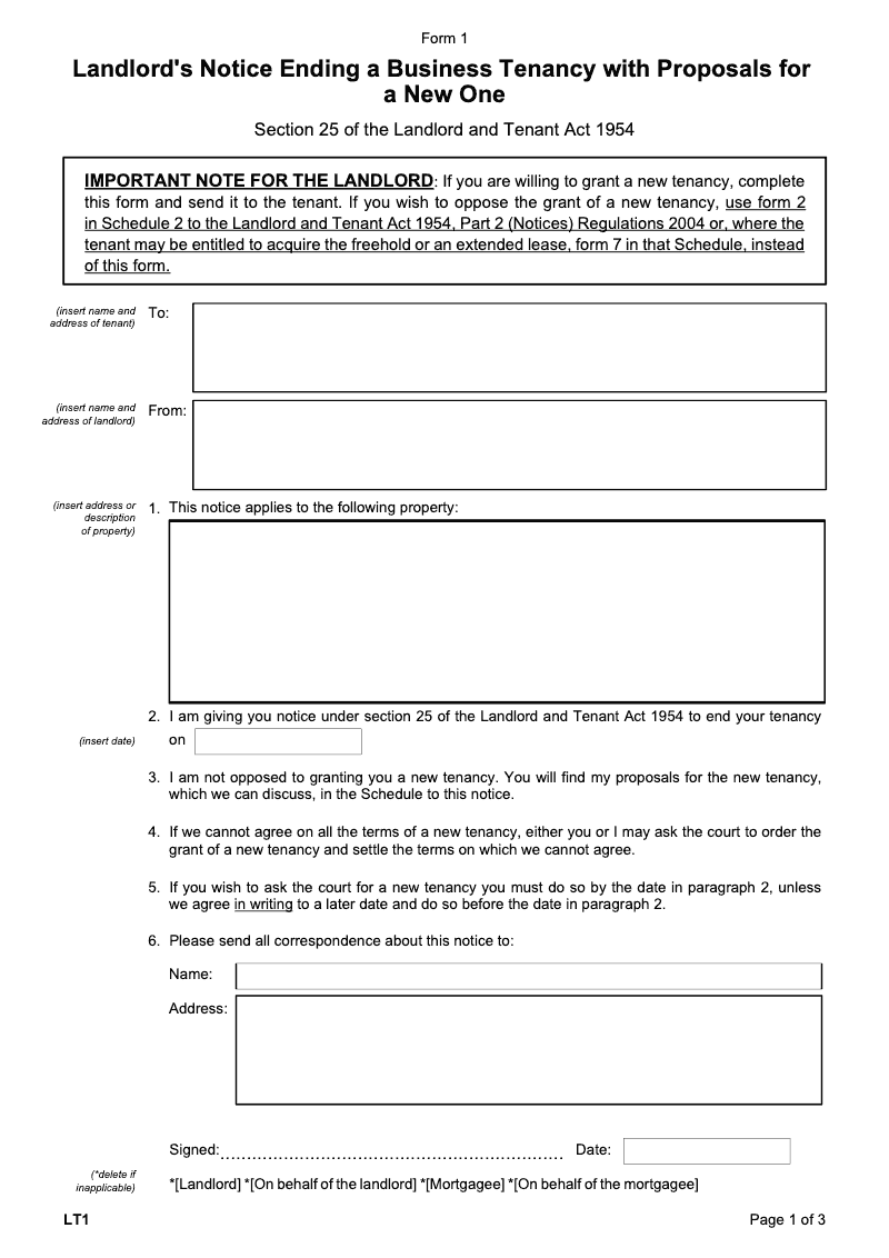 LT1 Landlord's notice ending a business tenancy with proposals for a ...