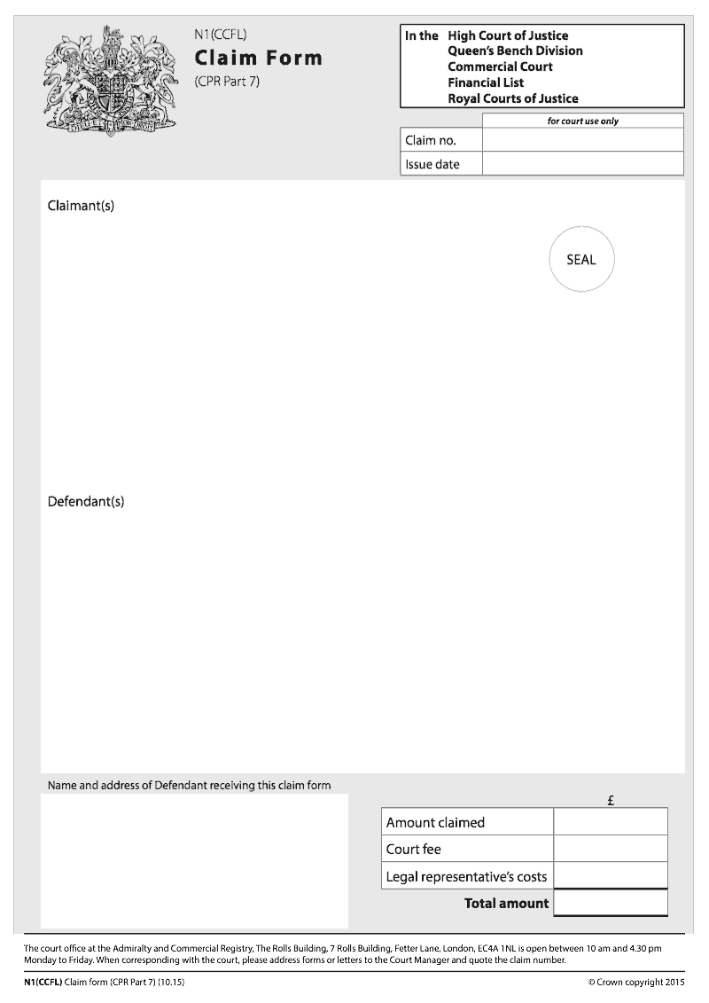 N1(CCFL) Claim form for the Financial List (CPR Part 7) (Commercial Court)