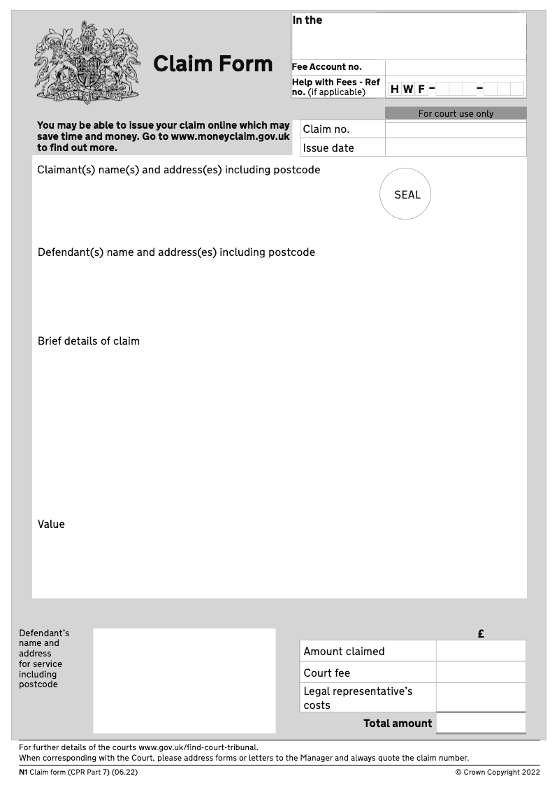 N1 Claim form (CPR Part 7)