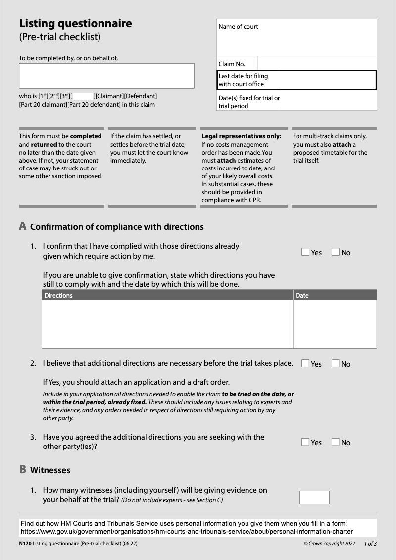 N170 Listing questionnaire (Pre-trial checklist)