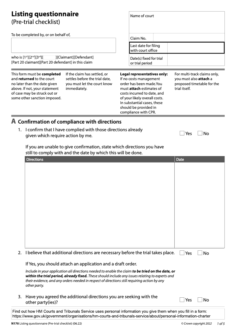 N170 Long Listing questionnaire (Pre-trial checklist) - extended version