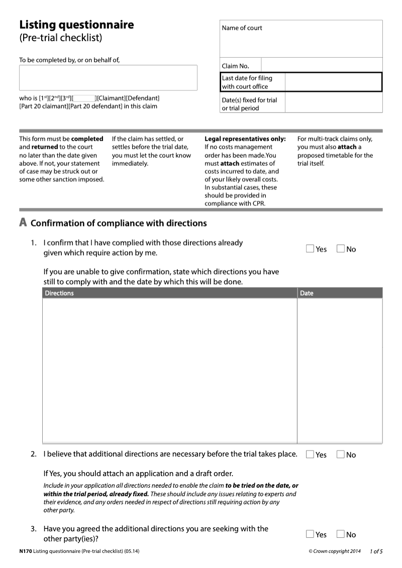 N170 Long Listing questionnaire (Pre-trial checklist) - extended version