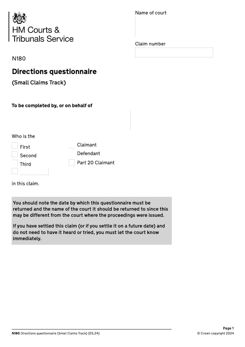N180 Directions questionnaire (Small Claims Track)