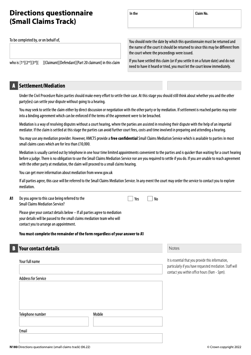 N180 Directions questionnaire (Small Claims Track)