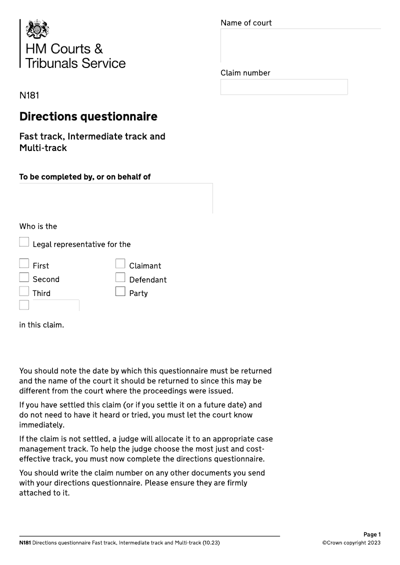 N181 Long Directions questionnaire (Fast track and Multi-track ...
