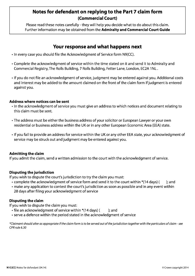 N1C(CC) Notes for defendant on replying to the Part 7 claim form ...