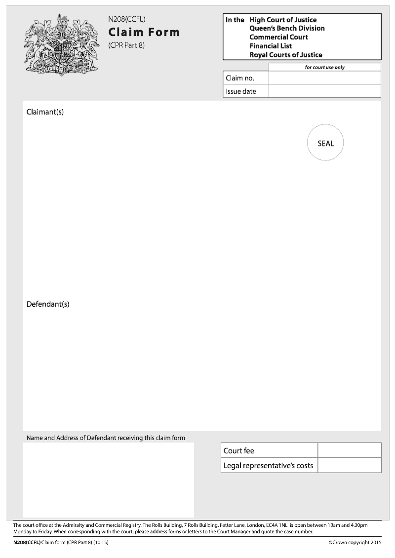 N208(CCFL) Claim form for the Financial List (CPR Part 8) (Commercial ...
