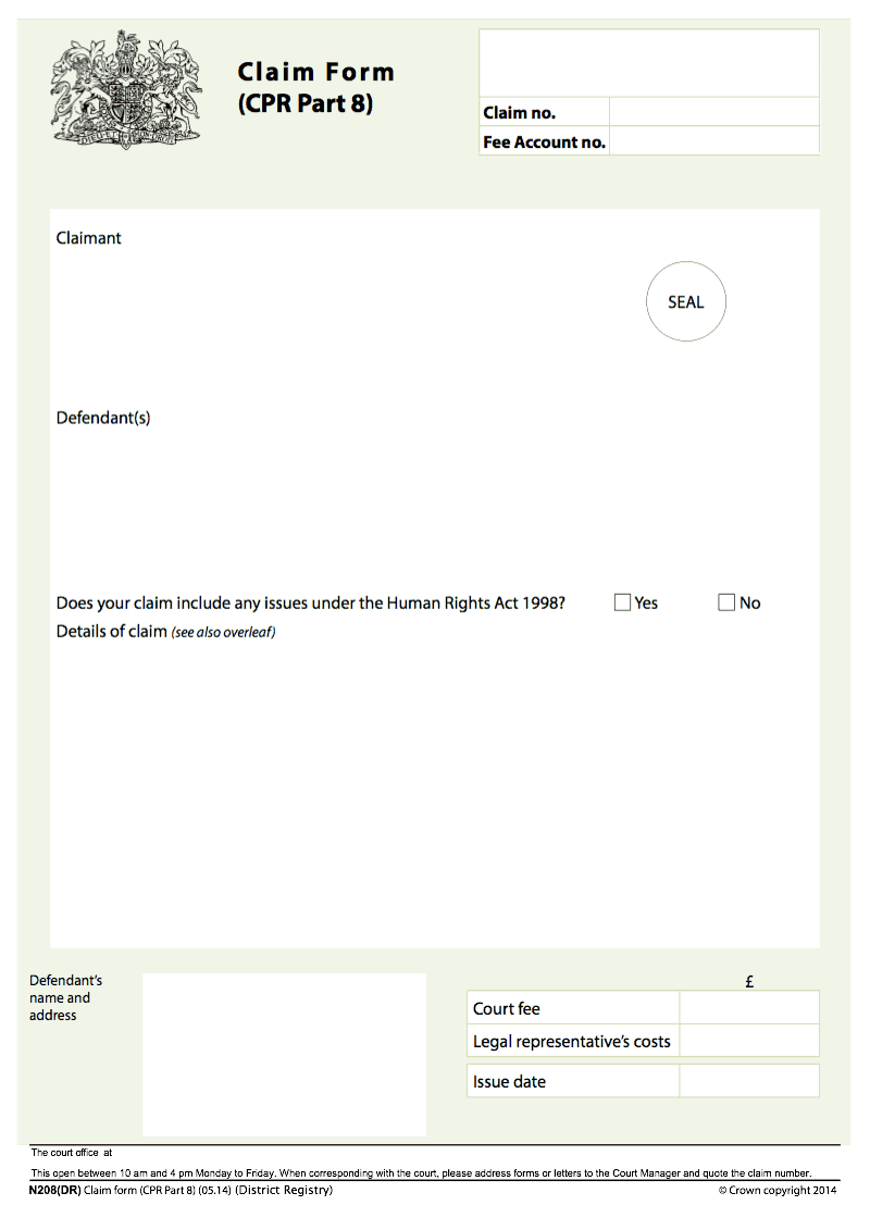N208(DR) Claim form (CPR Part 8) (District Registry - Queen's Bench ...