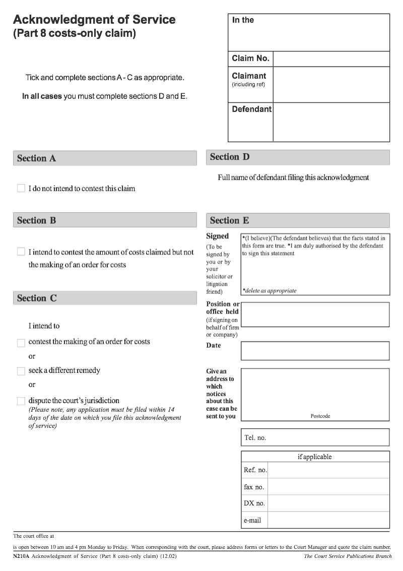 N210A Acknowledgment of service (Part 8 costs-only claim)