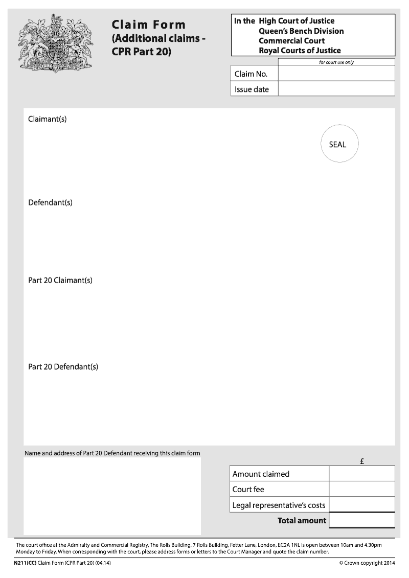 N211(CC) Claim Form (Additional claims - CPR Part 20) (Commercial Court)