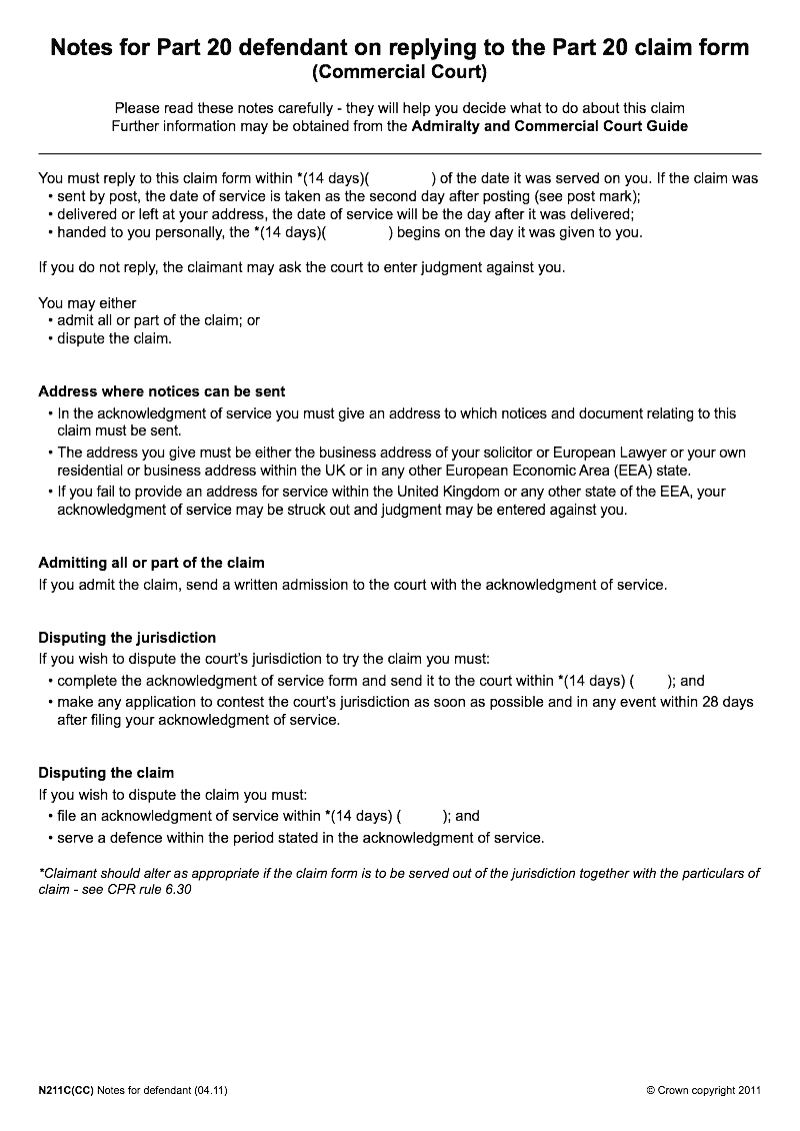 N211C(CC) Notes for Part 20 defendant on replying to the Part 20 claim ...