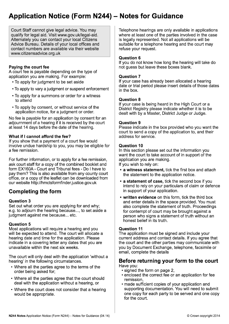 N244 Notes Application Notice (Form N244) - Notes for Guidance N244 Notes Application Notice (Form N244) - Notes for Guidance