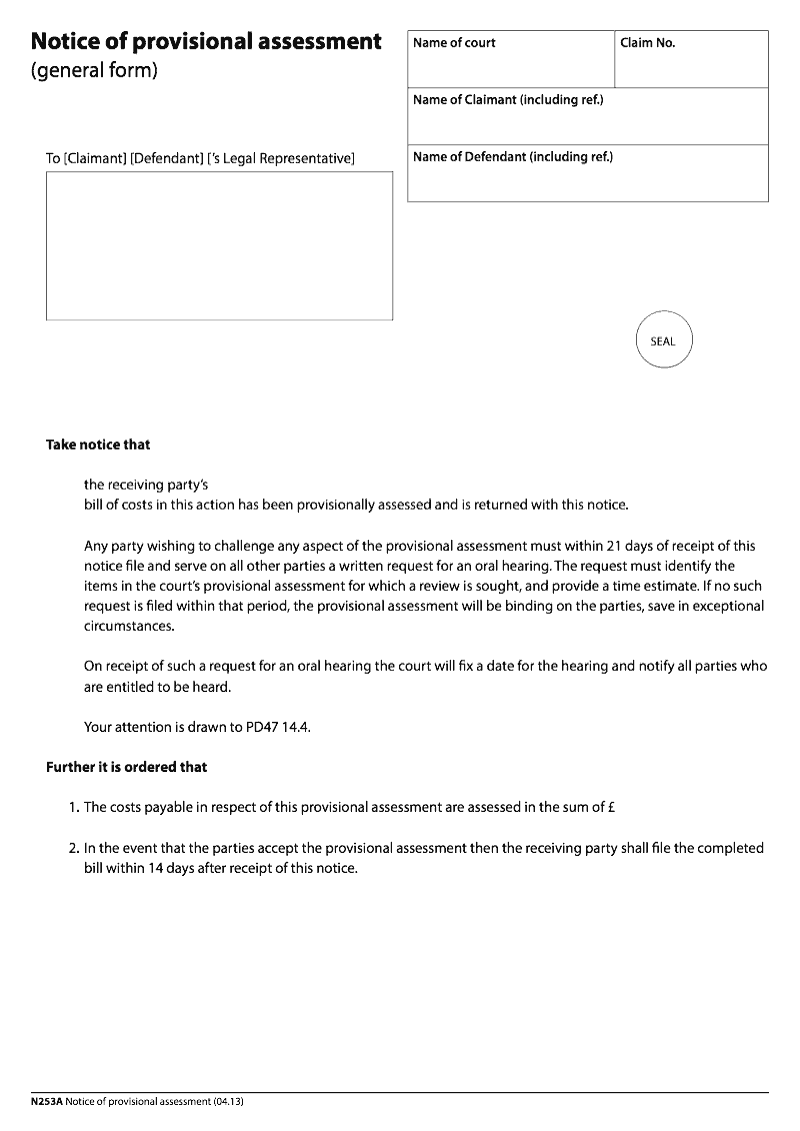 N253A Notice of provisional assessment (general form)