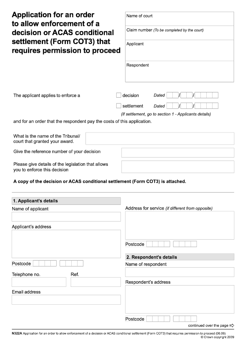 N322A Application for an order to allow enforcement of a decision or ...