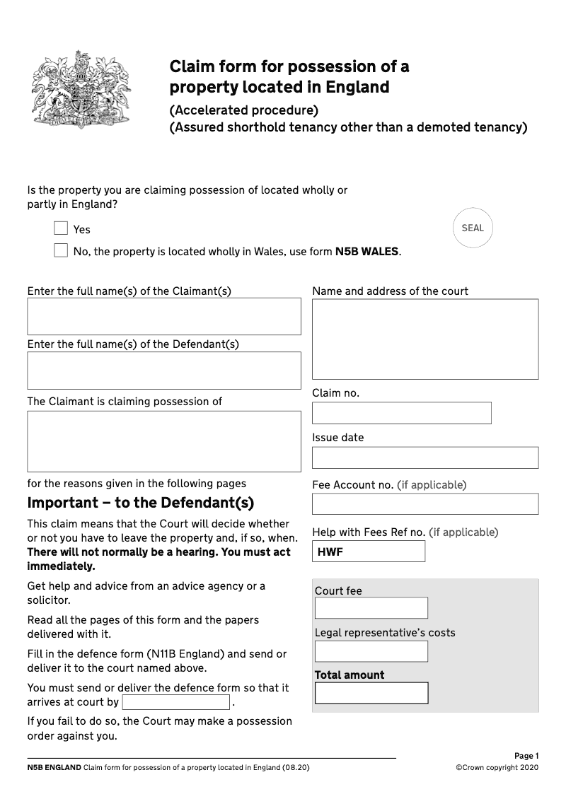 N5B England Claim form for possession of property located in England ...