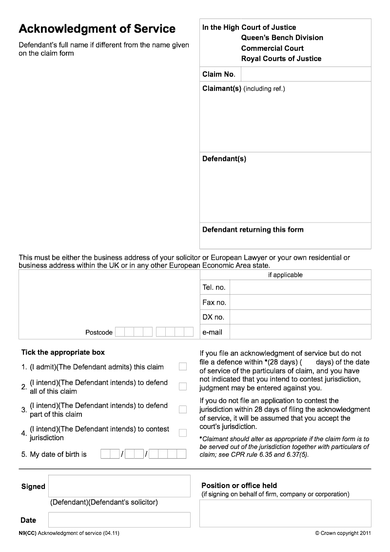 N9(CC) Acknowledgment of Service (Commercial Court)
