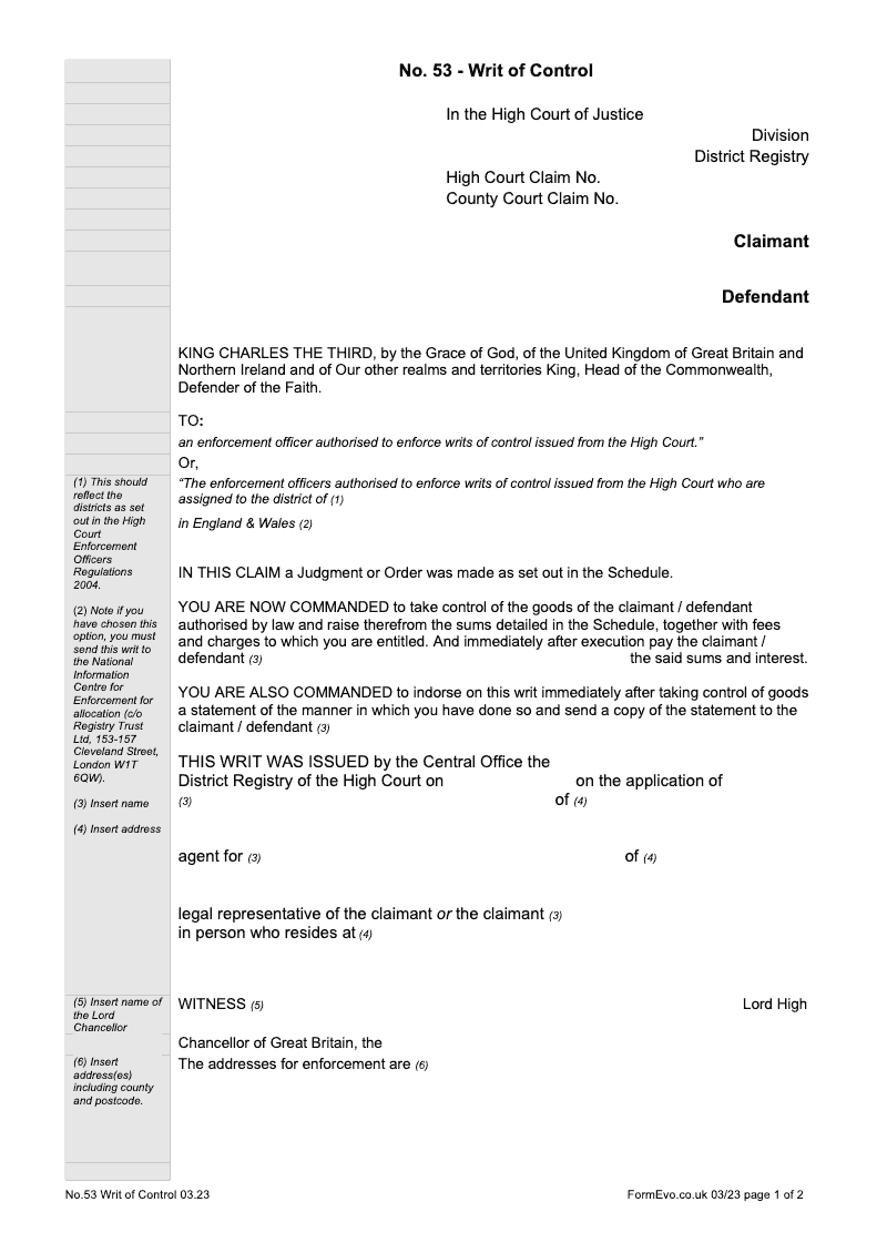 NO53 Writ of Control