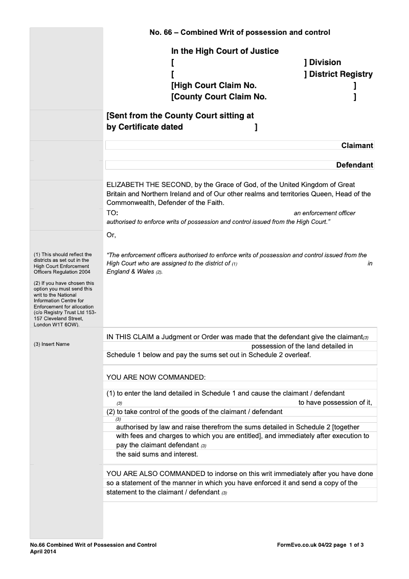 NO66 Request for Issue of Writ of Possession