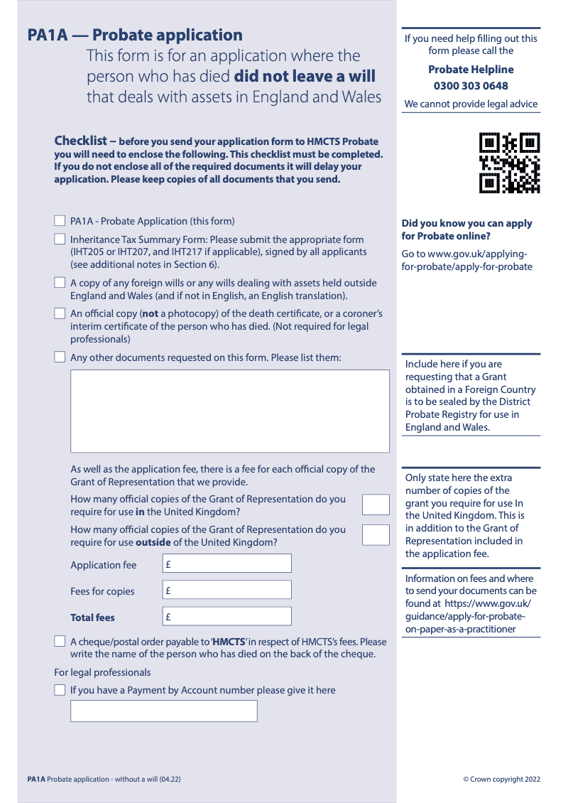 PA1A Probate Application - Where the person who has died did not leave ...