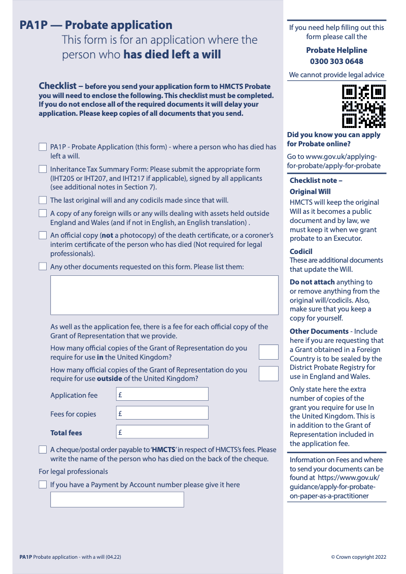 PA1P Probate Application - Where the person who has died left a will