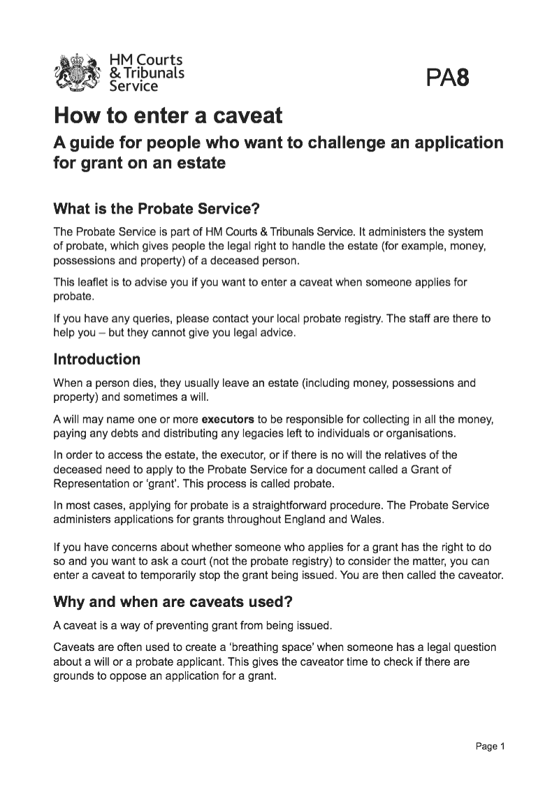 PA8 How to enter a caveat - A guide for people who want to challenge an ...